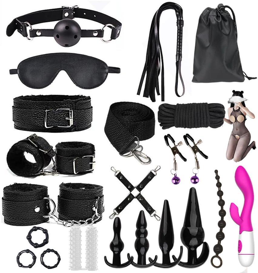 BAOQISHAN SM Set 20-piece SM Goods Set Restraints Collar Handcuffs Ankle Cuffs Gag Eye Mask ...